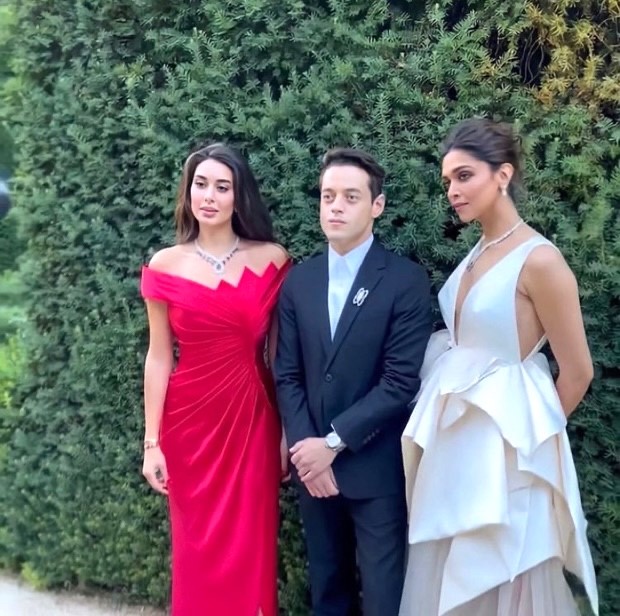 Deepika Padukone poses alongside Rami Malek and Yasmine Sabri, impresses in ruffled white gown ...