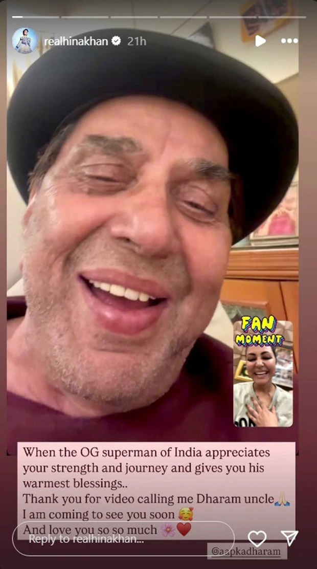 Hina Khan shares ‘fan moment’ as Dharmendra video calls to bless her ...